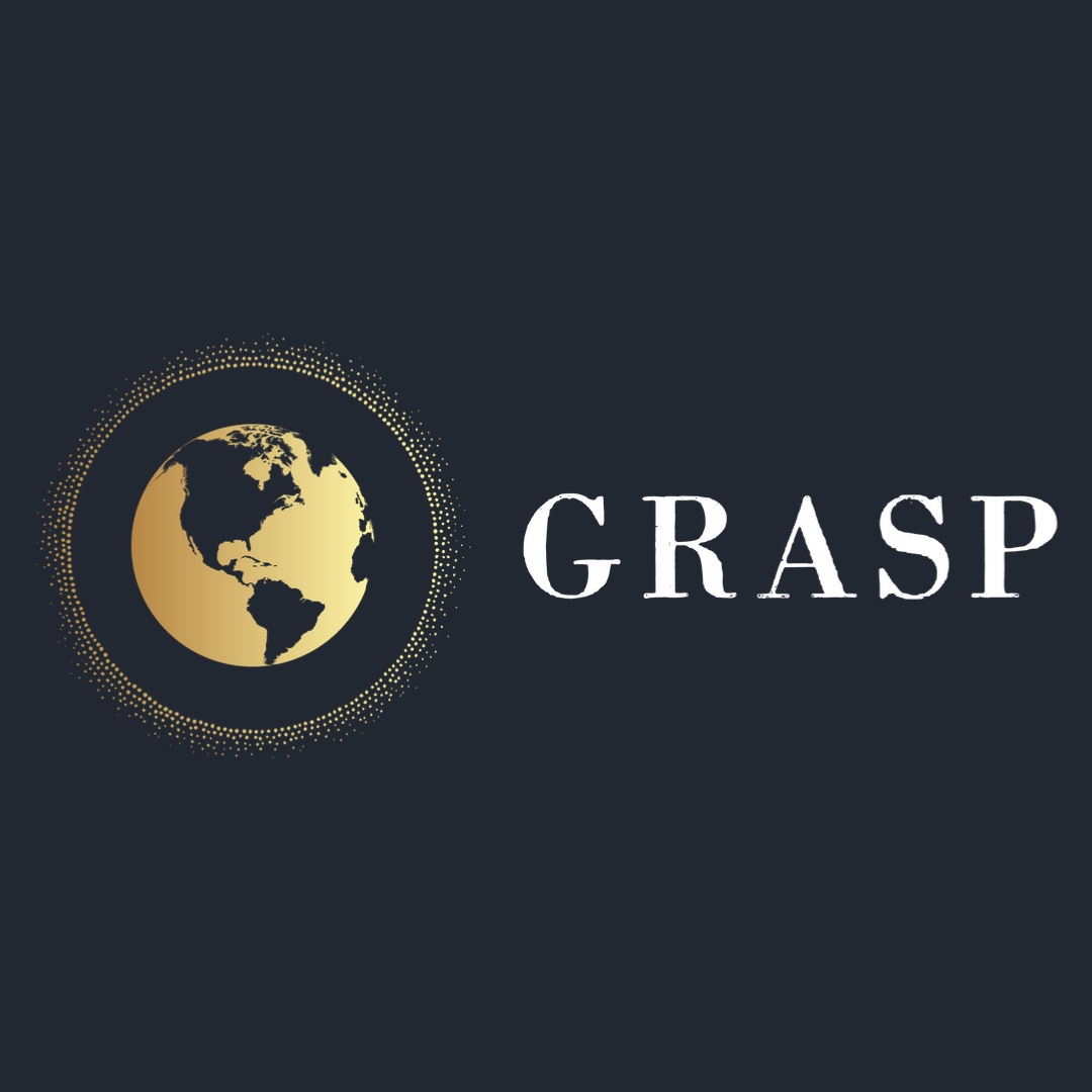 The new GRASP logo with a black background and a gold globe; the word ...