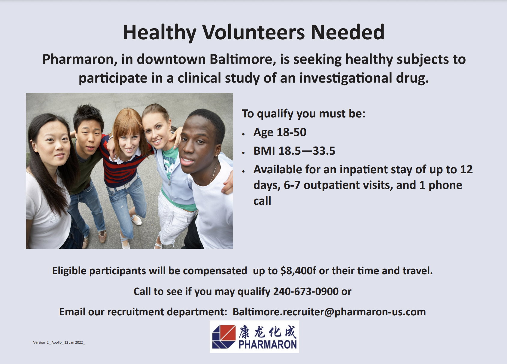Up to $8400 for new study for healthy 18-50 y.o. at Pharmaron Baltimore