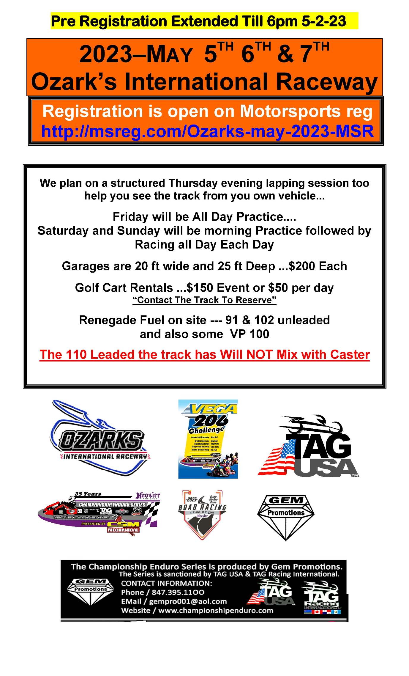 Ozark's Pre- Registration extended to 6pm 5/2/23 ---and Fuel Update